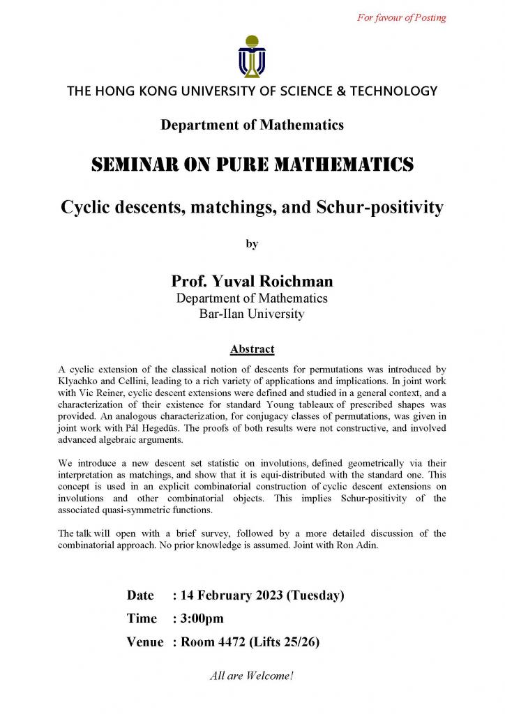 Department of Mathematics - Seminar on Pure Mathematics - Cyclic descents, matchings, and Schur ...